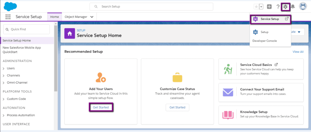 The setup process for Salesforce Lightning Service Console